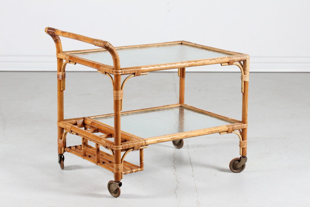 Vintage Cane Bar Trolley on Wheels with Frosted Glass, Denmark, 1950s ...
