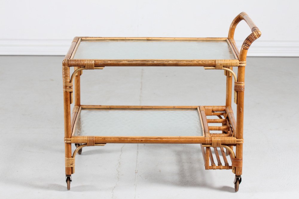 Vintage Cane Bar Trolley on Wheels with Frosted Glass, Denmark, 1950s ...