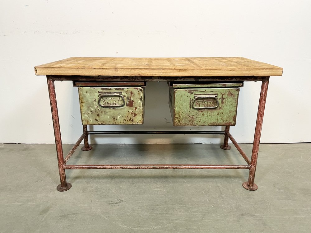Red Industrial Worktable with Two Green Iron Drawers, 1960s for sale at ...