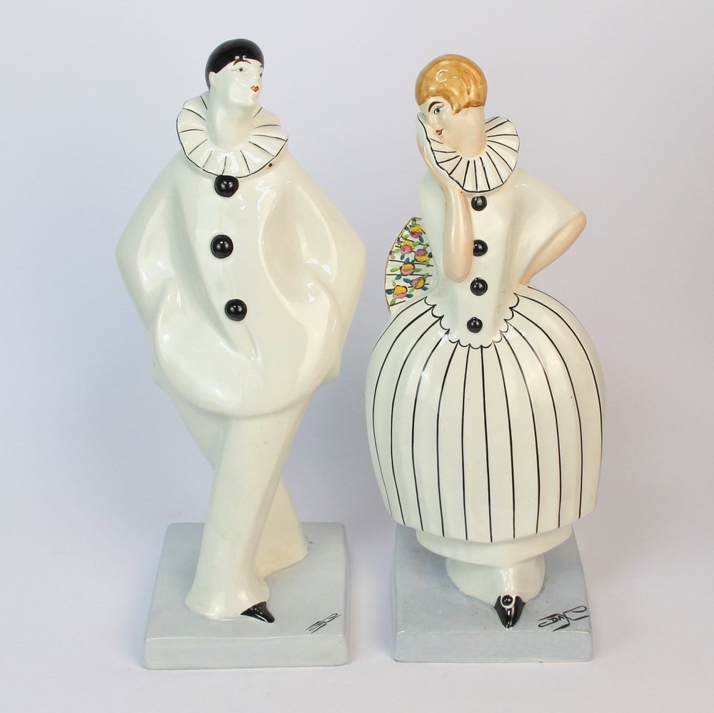 Sculptures Art Déco en Céramique de Pierrot et Colombina par Edouard ...