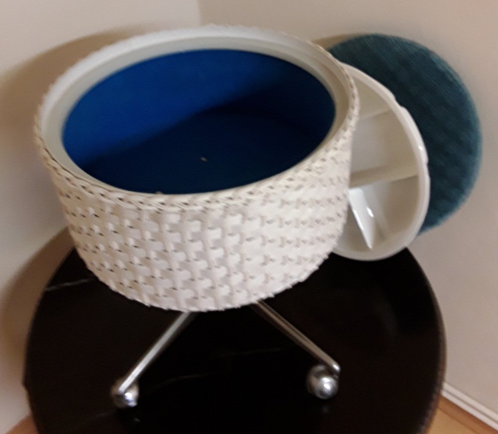 Rollable Sewing Box Stool in Blue Fabric, White Plastic Braid & Chrome ...