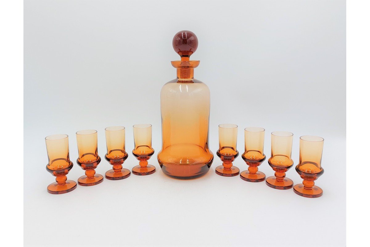 Art Deco Amber Glass Liquor Decanter and Glasses, Czech Republic, 1930s ...