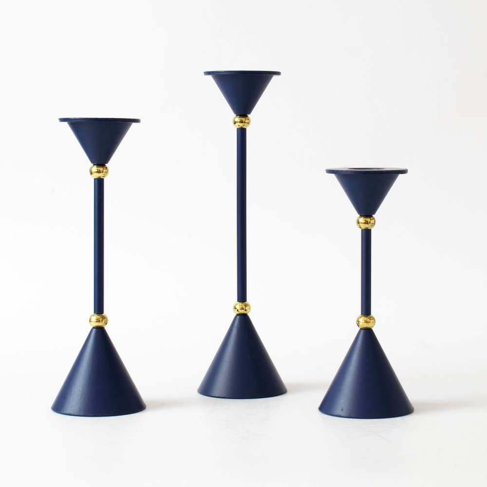Postmodern Blue Candleholders, 1980s, Set of 3 for sale at Pamono