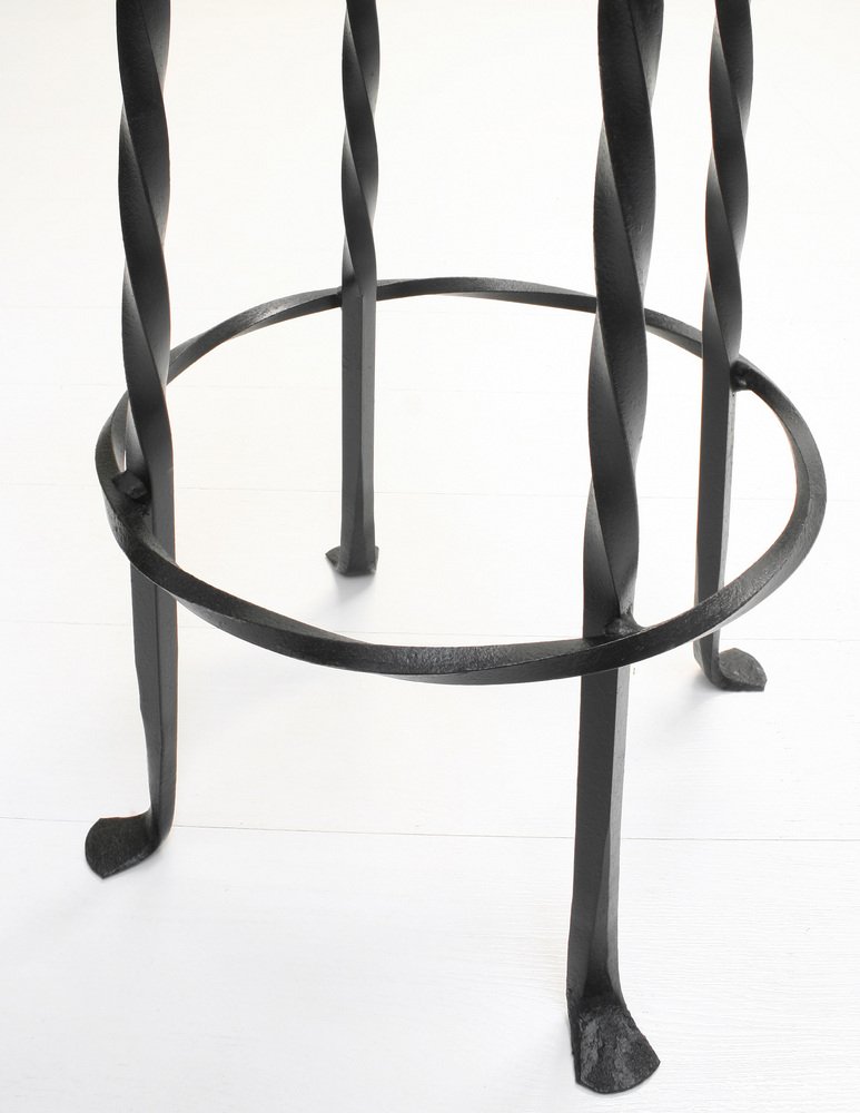 Set of Brutalist Wrought Iron & Oak Bar Stools, 1970s for sale at Pamono