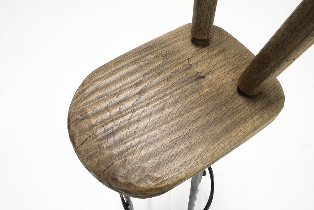 Set of Brutalist Wrought Iron & Oak Bar Stools, 1970s for sale at Pamono
