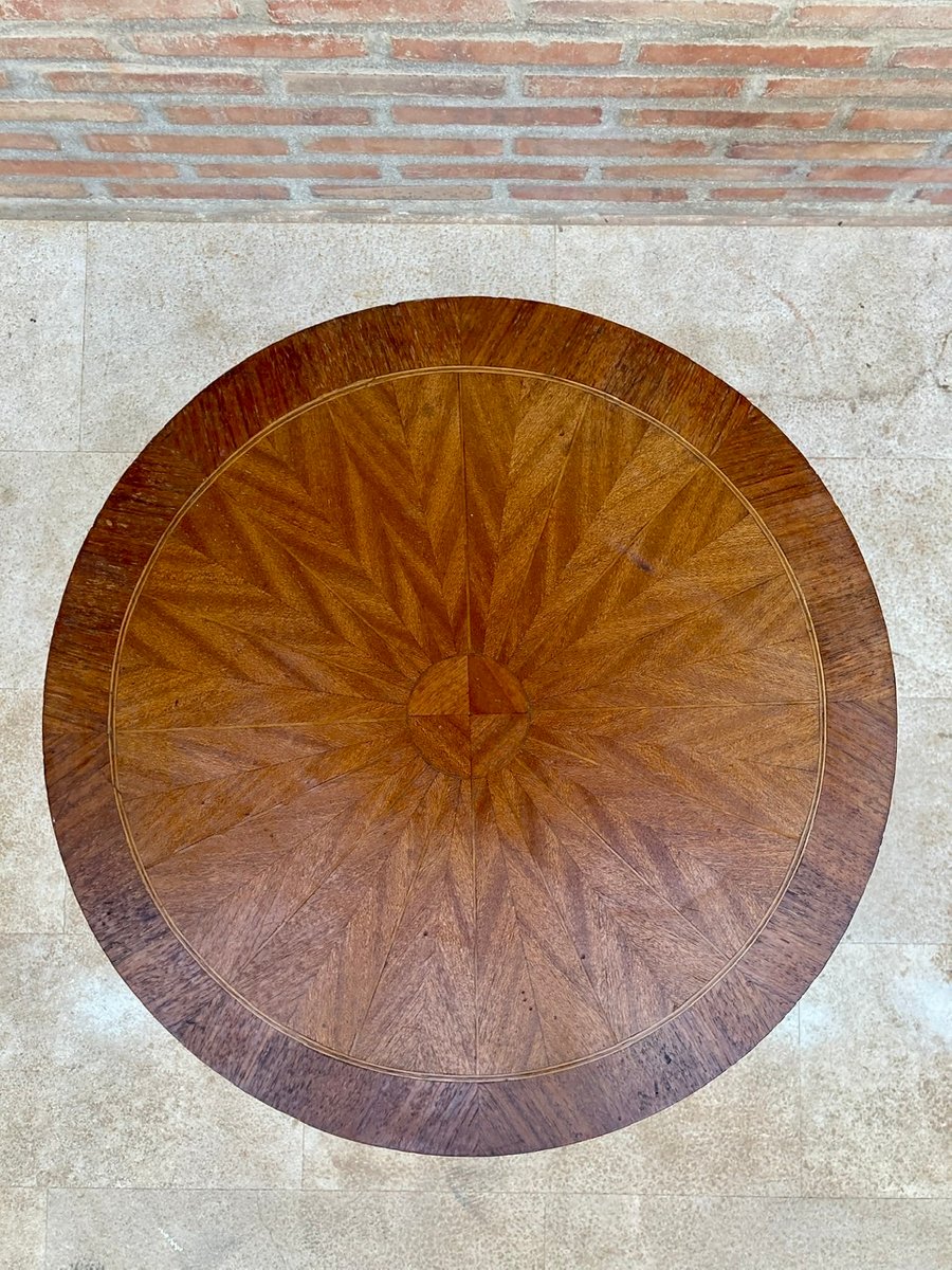 French Round Side Table in Walnut and Marquetry, 1940s for sale at Pamono