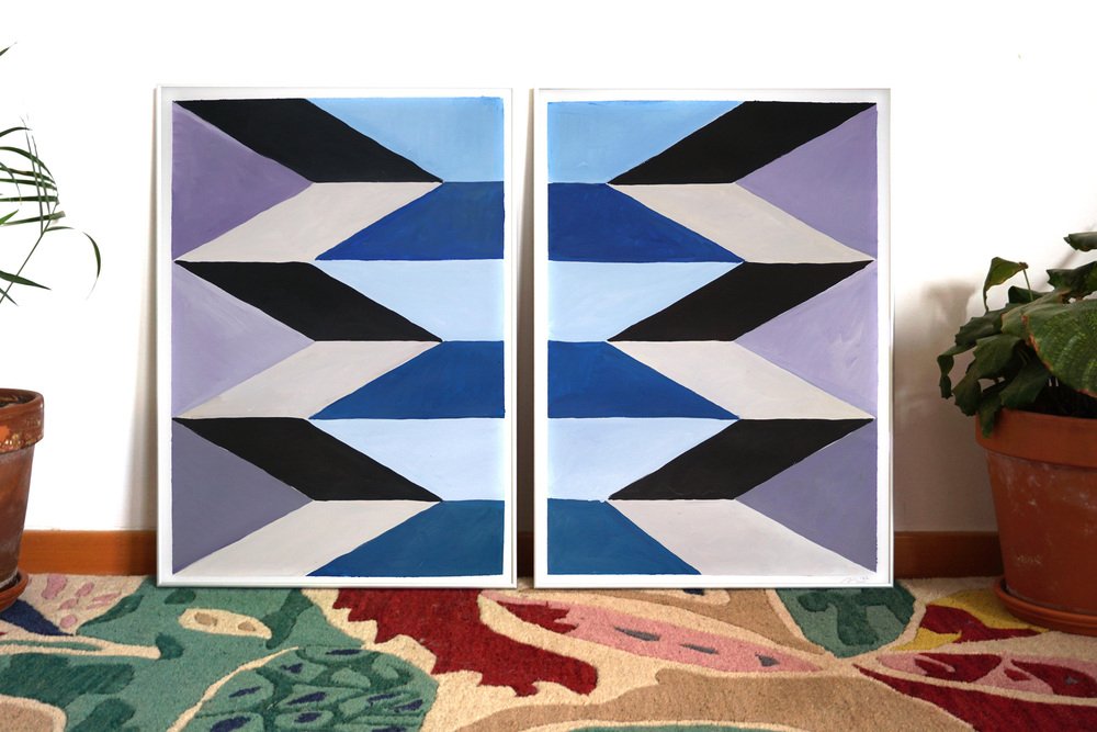 Natalia Roman, Surreal Stairs Mirage Diptychon in Blau, Lila und Schwarz, 2022, Acryl auf ...