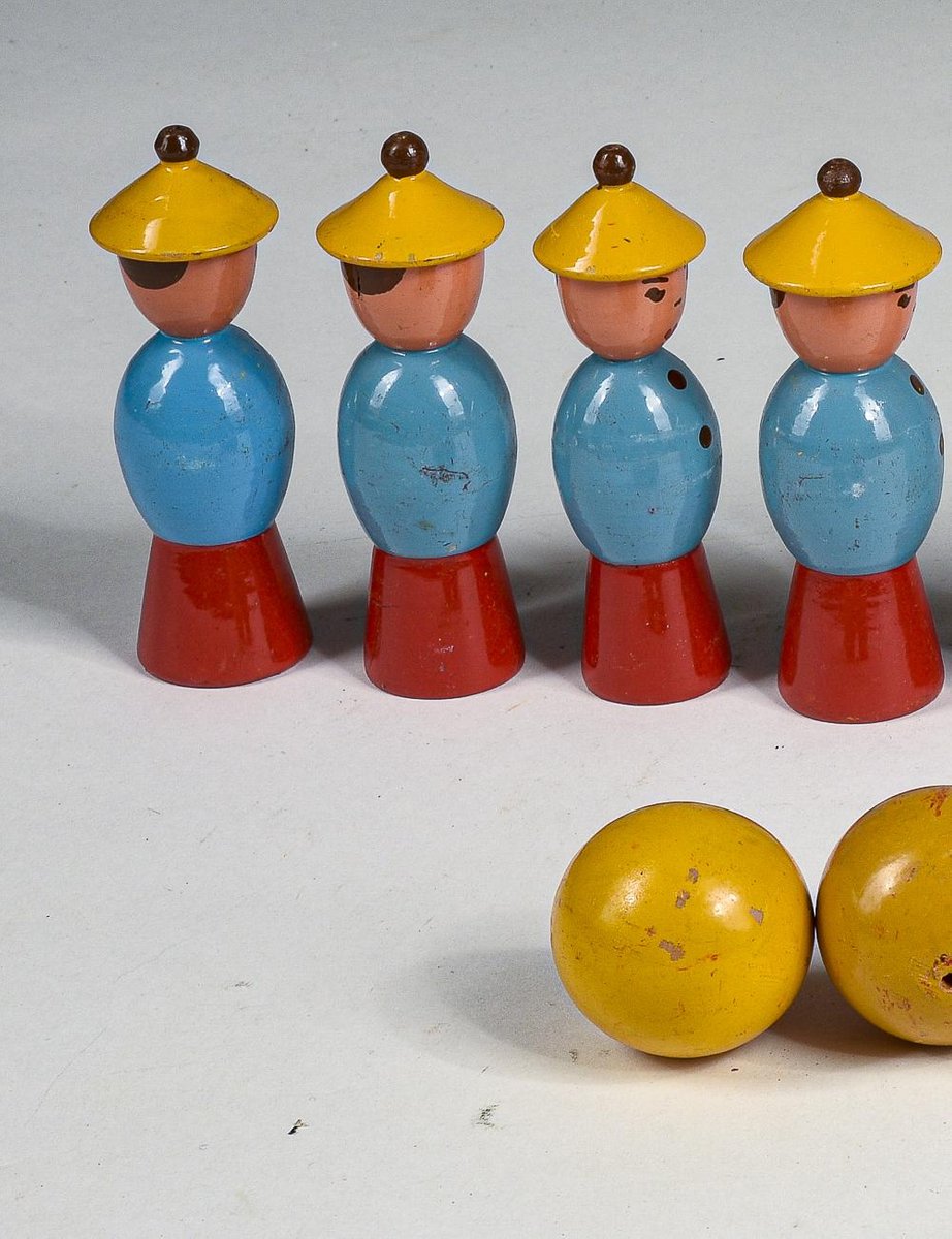 Toy Bowling Game with Figures in Yellow Hats and Balls, 1940s, Set of ...