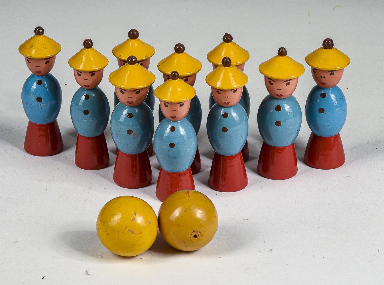 Toy Bowling Game with Figures in Yellow Hats and Balls, 1940s, Set of ...