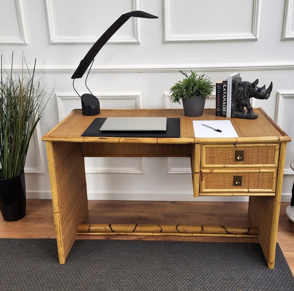 French Riviera Writing Desk in Bamboo, Rattan and Brass from Dal Vera ...