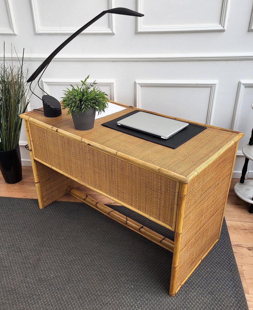 French Riviera Writing Desk in Bamboo, Rattan and Brass from Dal Vera ...