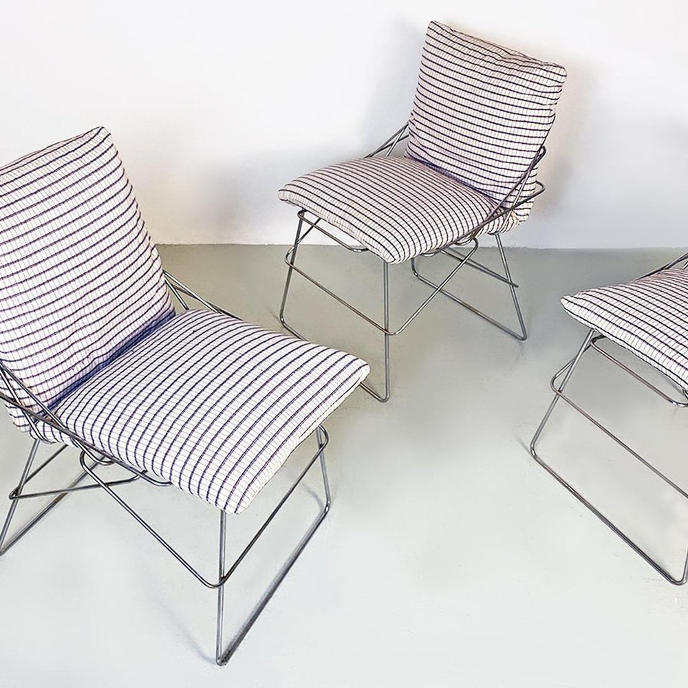 Italian Modern Chromed Metal & Cotton Sof Sof Chairs attributed to Enzo ...