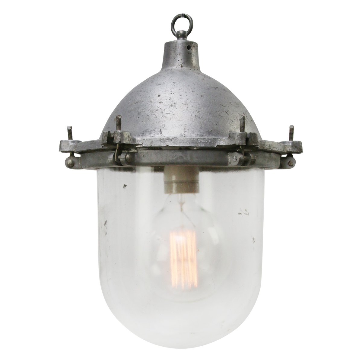 Vintage Industrial Silver Metal and Clear Glass Pendant Light for sale ...