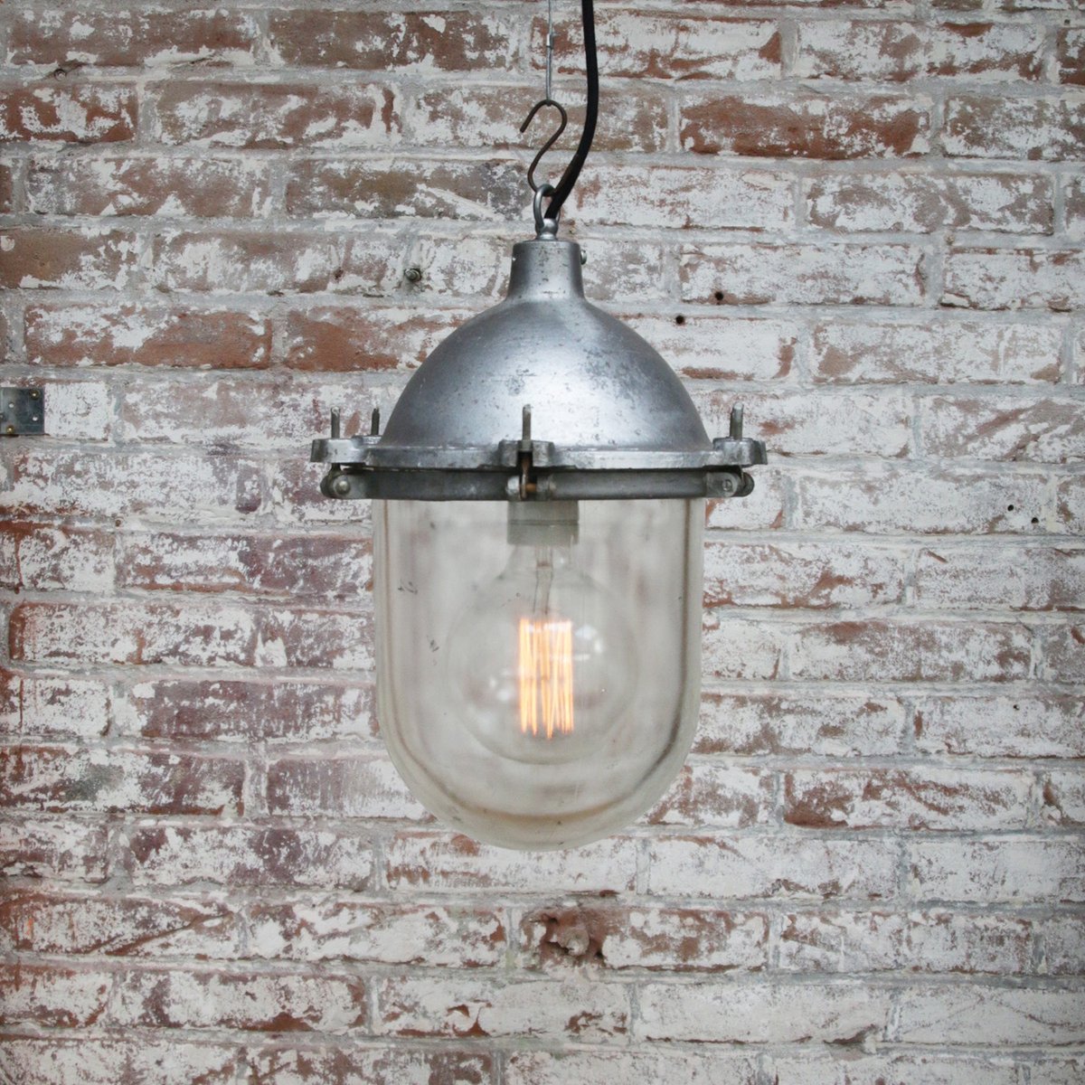 Vintage Industrial Silver Metal and Clear Glass Pendant Light for sale ...