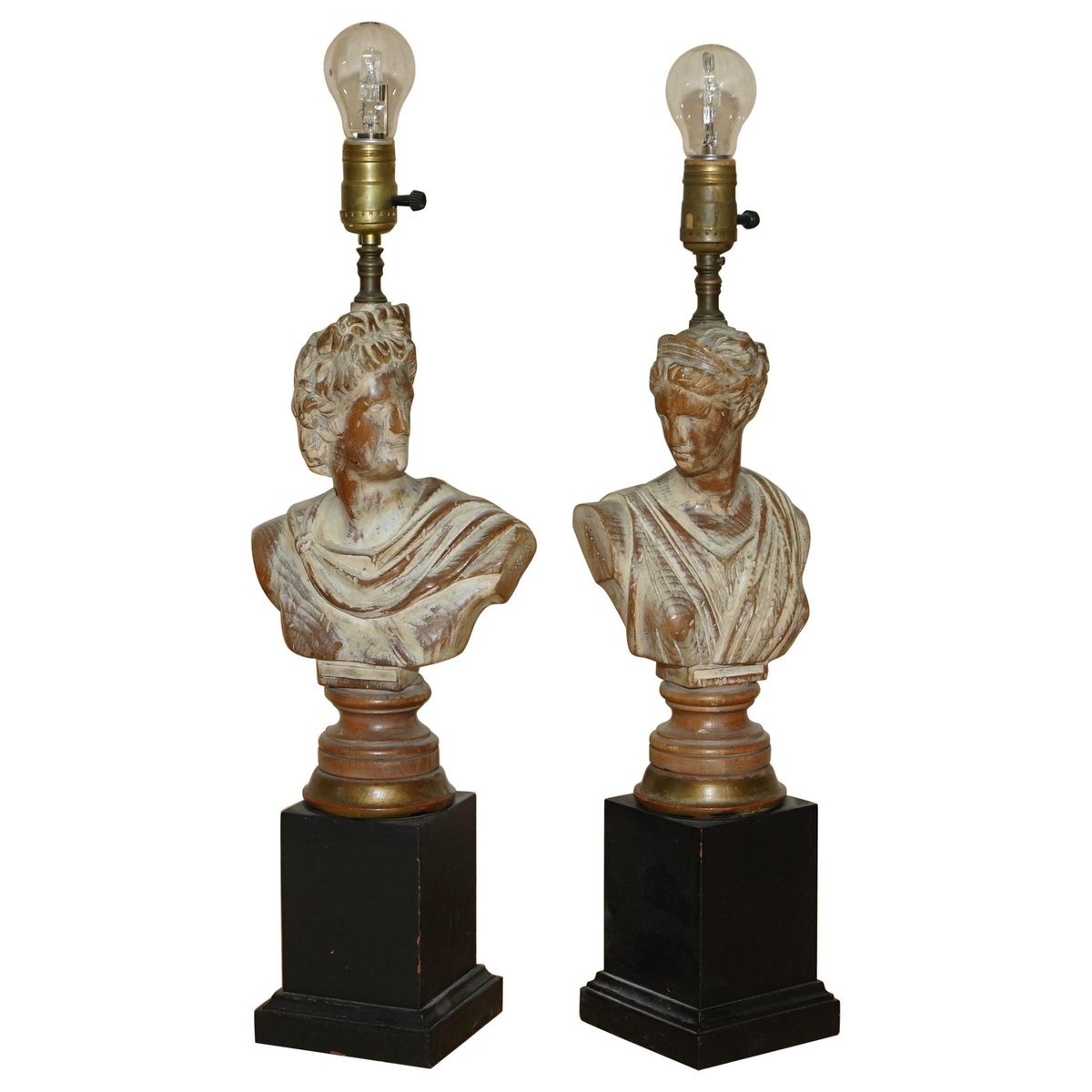 French Neoclassical Bust Lamps in Carved & Limed Oak, Set of 2 for sale ...