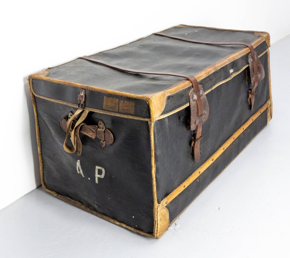 Late 19th Century French Leather Trunk with Train Labels for sale at Pamono