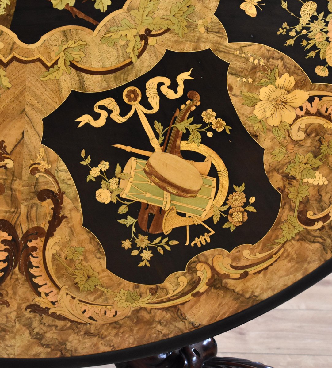 19th Century Victorian English Burr Walnut & Marquetry Circular ...