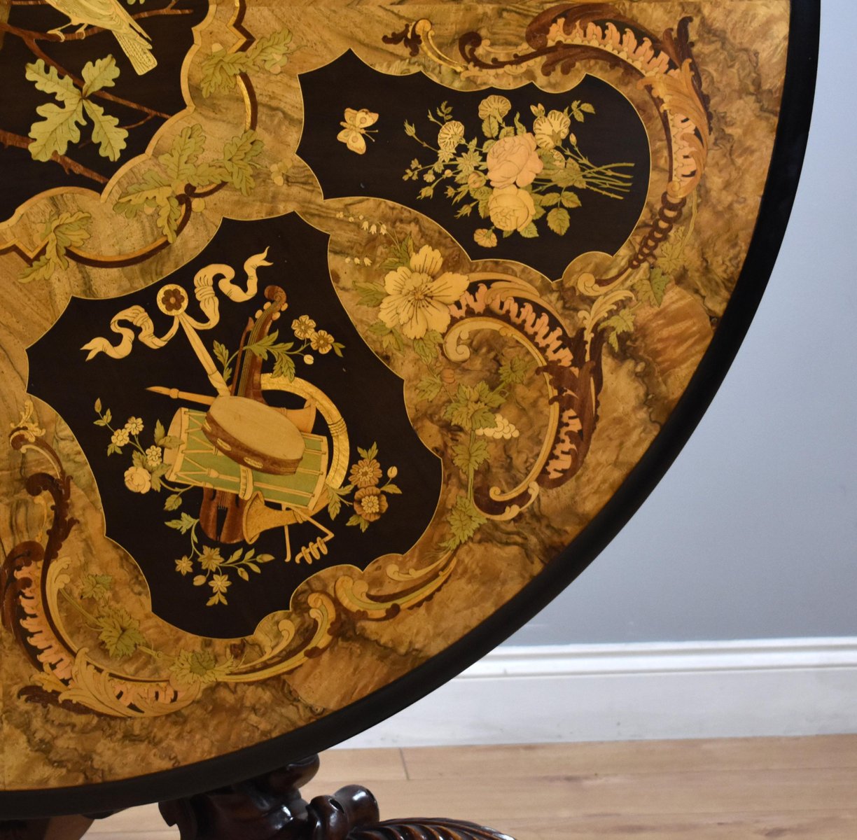 19th Century Victorian English Burr Walnut & Marquetry Circular ...