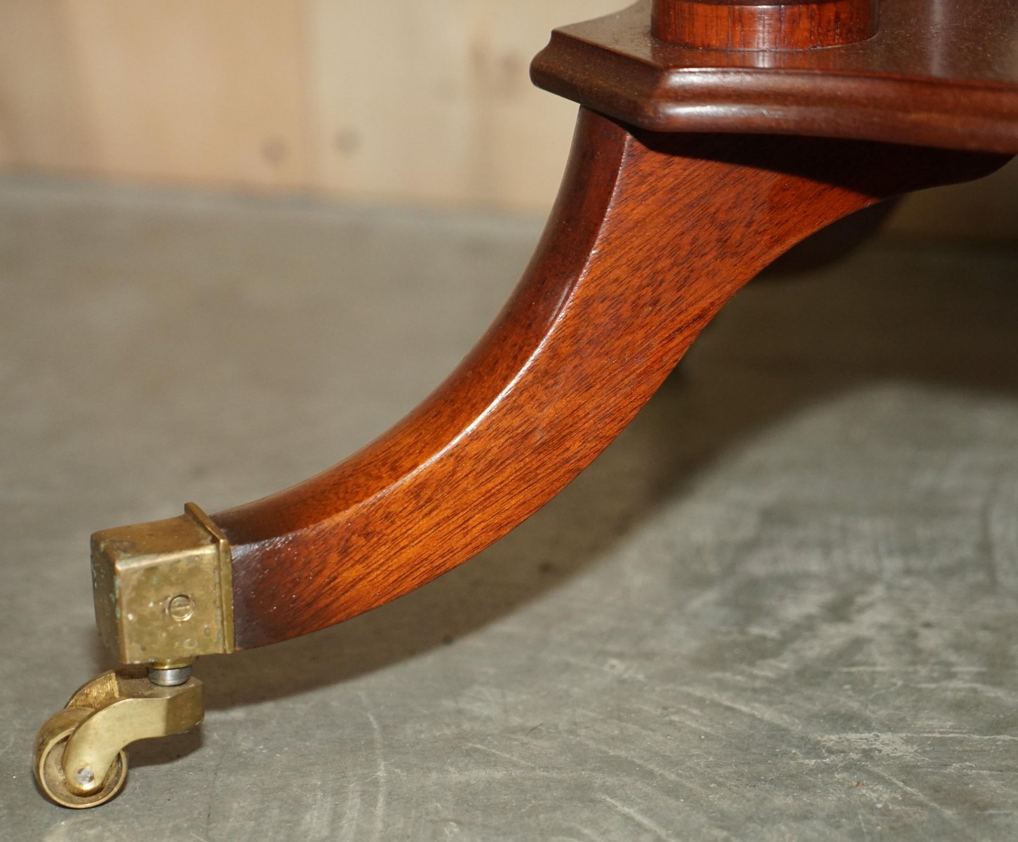 English Flamed Hardwood Side Table with Brass Castors for sale at Pamono