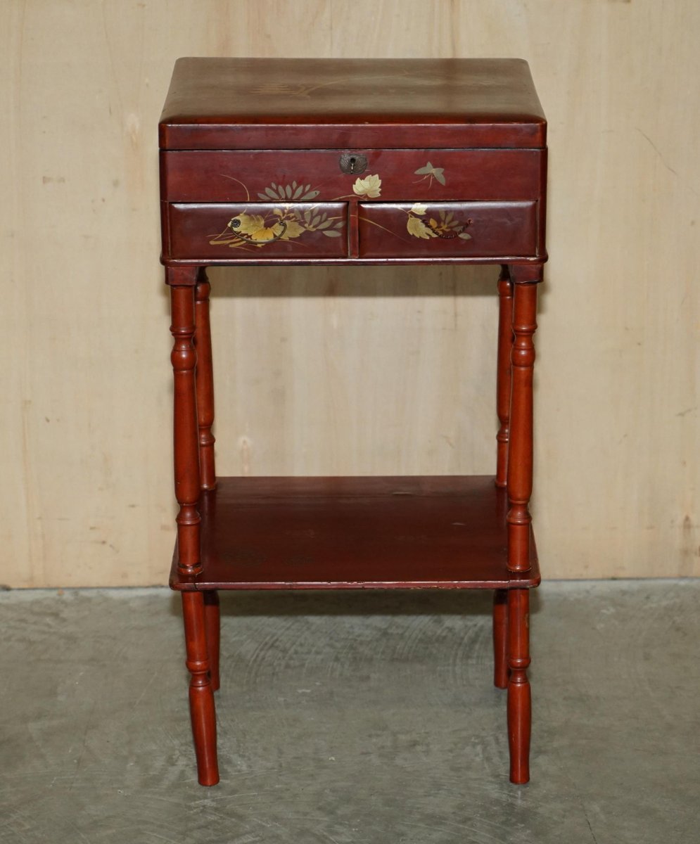 Anglo-Japanese Red Lacquer Sewing Table with Famboo Legs and Fitted ...
