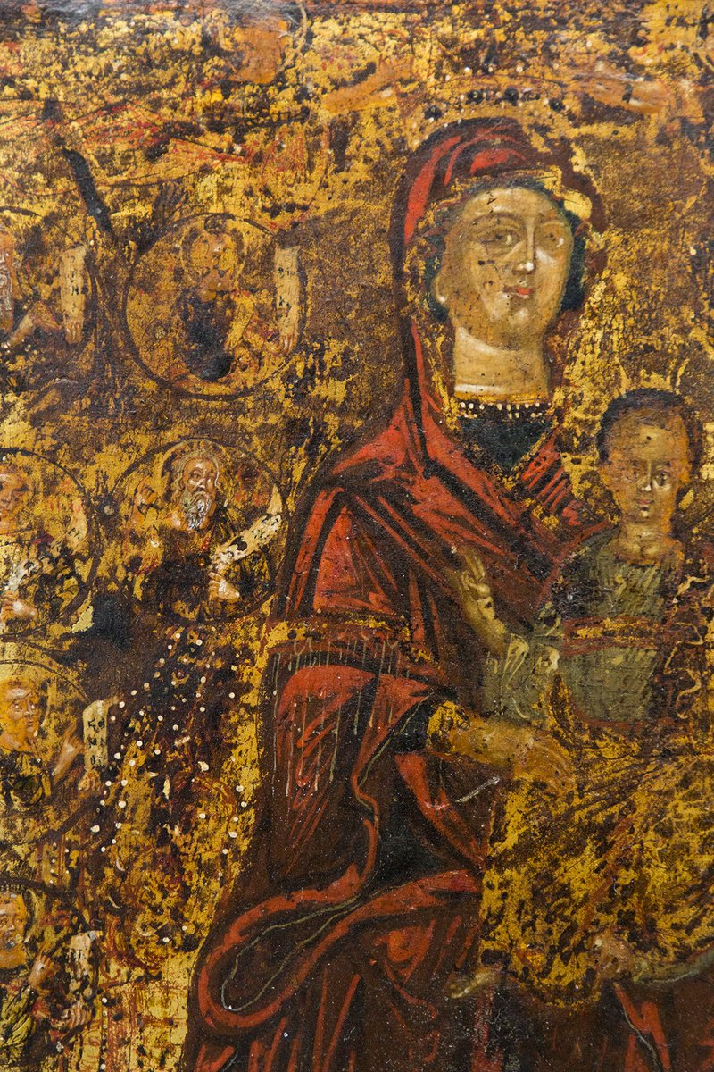Icona con 12 apostoli e la Vergine Maria con Cristo, 1300-1400, dipinto ...