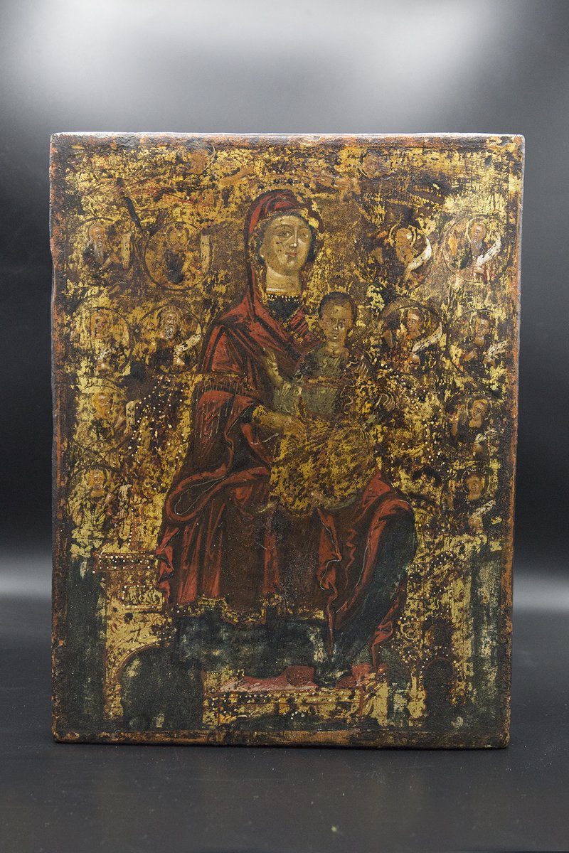 Icona con 12 apostoli e la Vergine Maria con Cristo, 1300-1400, dipinto ...