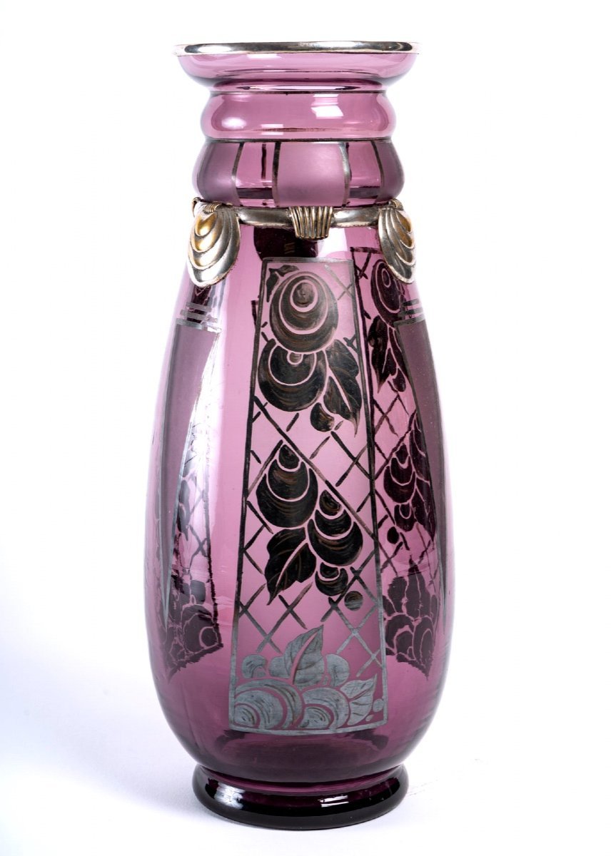 Art Deco Vase aus Lila Glas und Silberem Metall von d'Argyl Val, 20. Jh ...