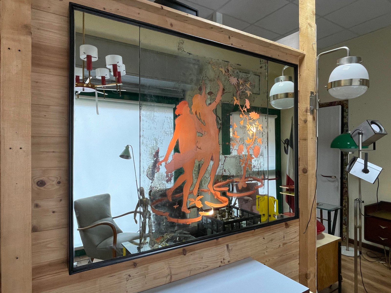 Backlit Mirror with Engraving, Italy, 1940s for sale at Pamono