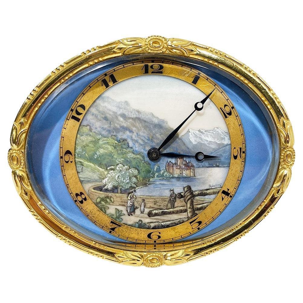 Horloge de Bureau Ovale en Laiton Doré avec Paysage Peint, Suisse ...
