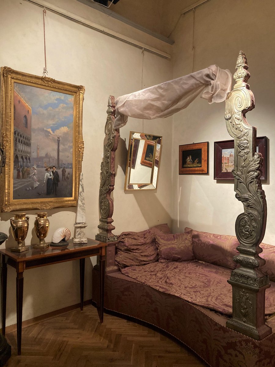 19th Century Italian Canopy Bed with Silver Friezes and Upholstered ...