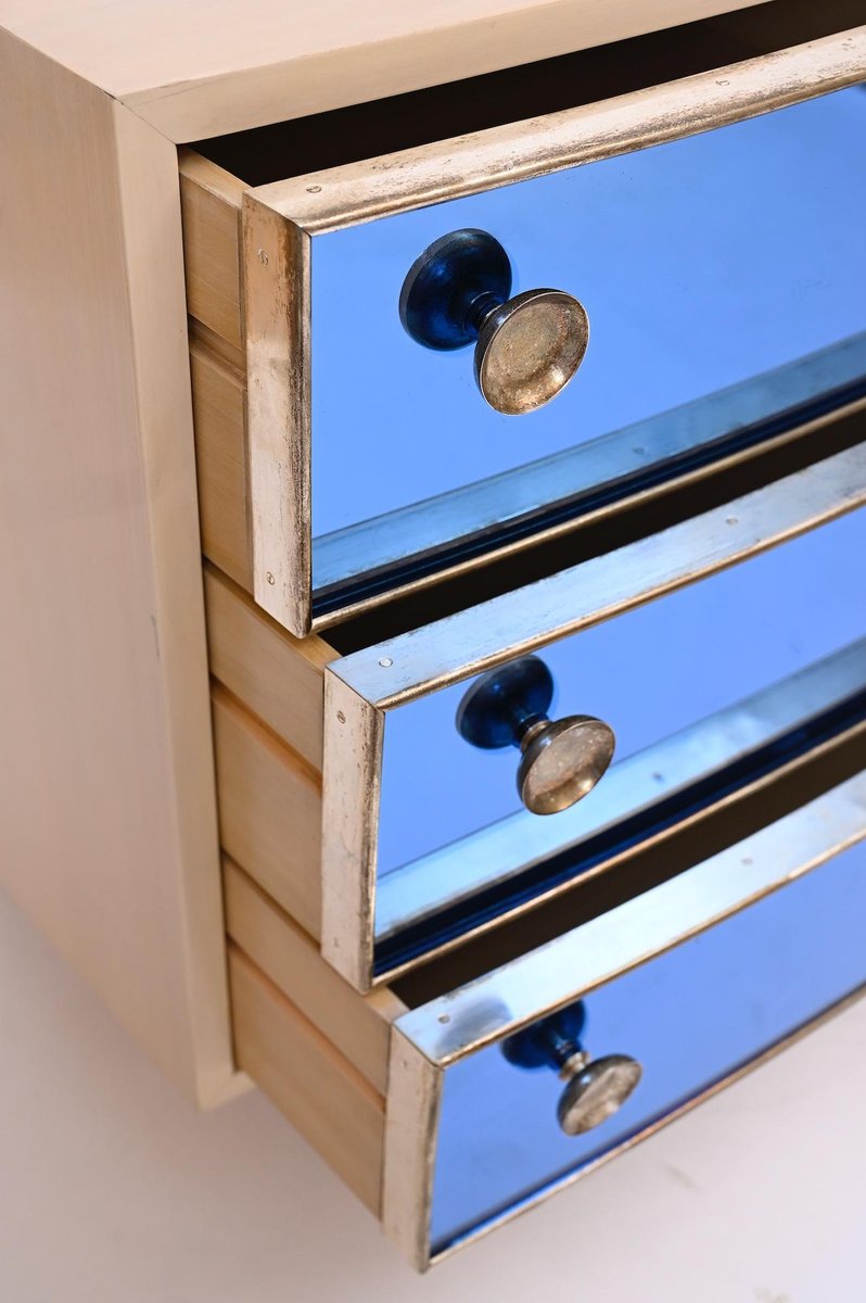 Curved Dresser with Blonde Wood and Blue Crystal Glass by Gio Ponti ...