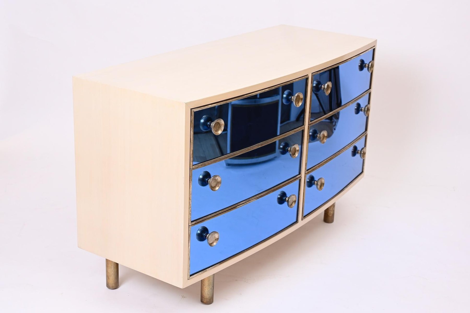 Curved Dresser with Blonde Wood and Blue Crystal Glass by Gio Ponti ...