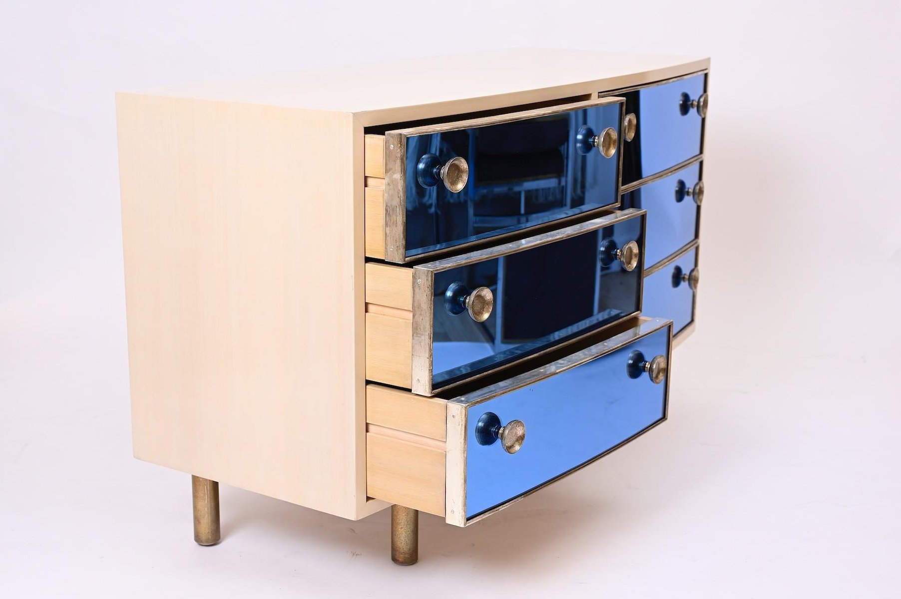 Curved Dresser with Blonde Wood and Blue Crystal Glass by Gio Ponti ...