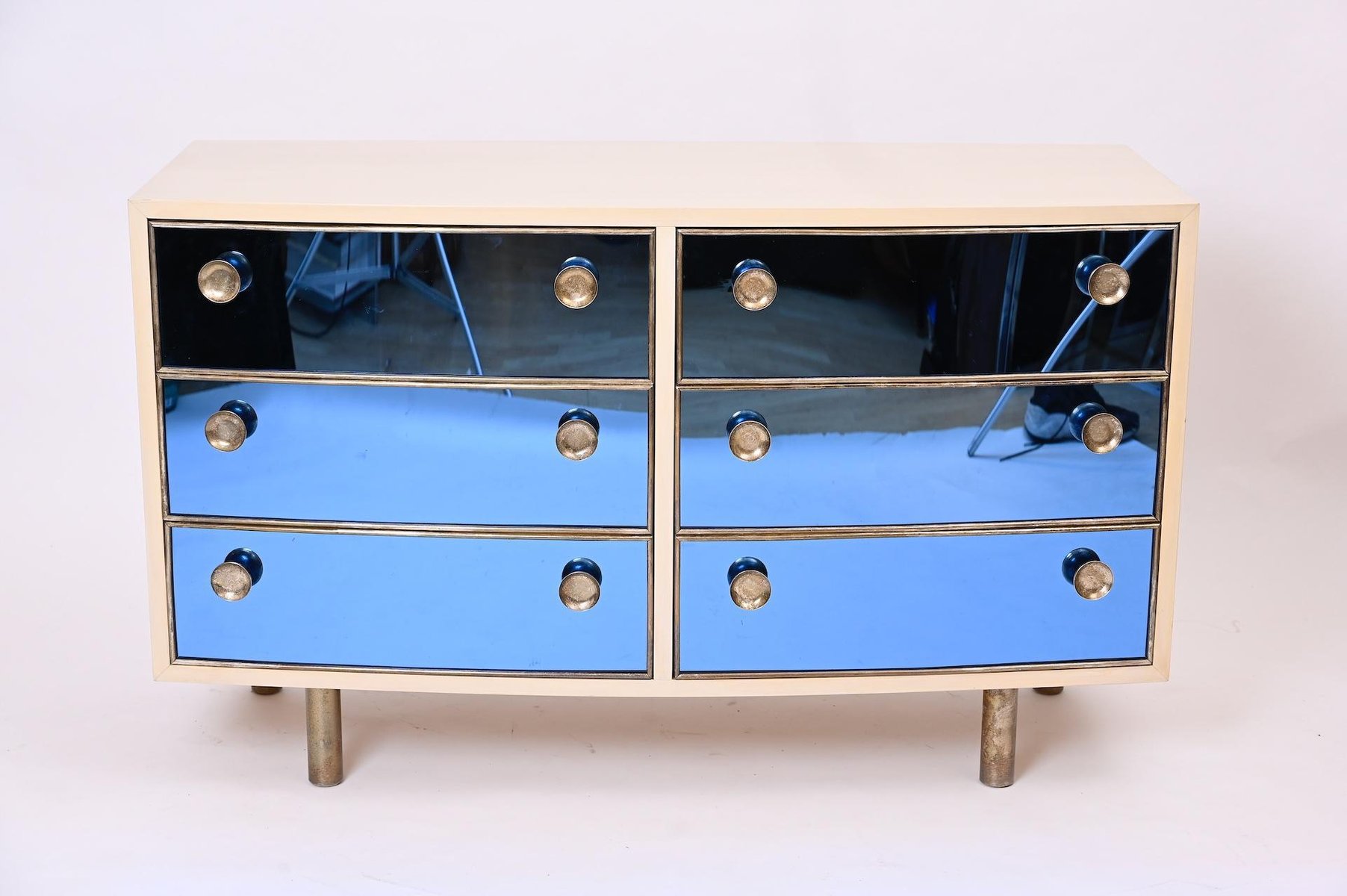 Curved Dresser with Blonde Wood and Blue Crystal Glass by Gio Ponti ...