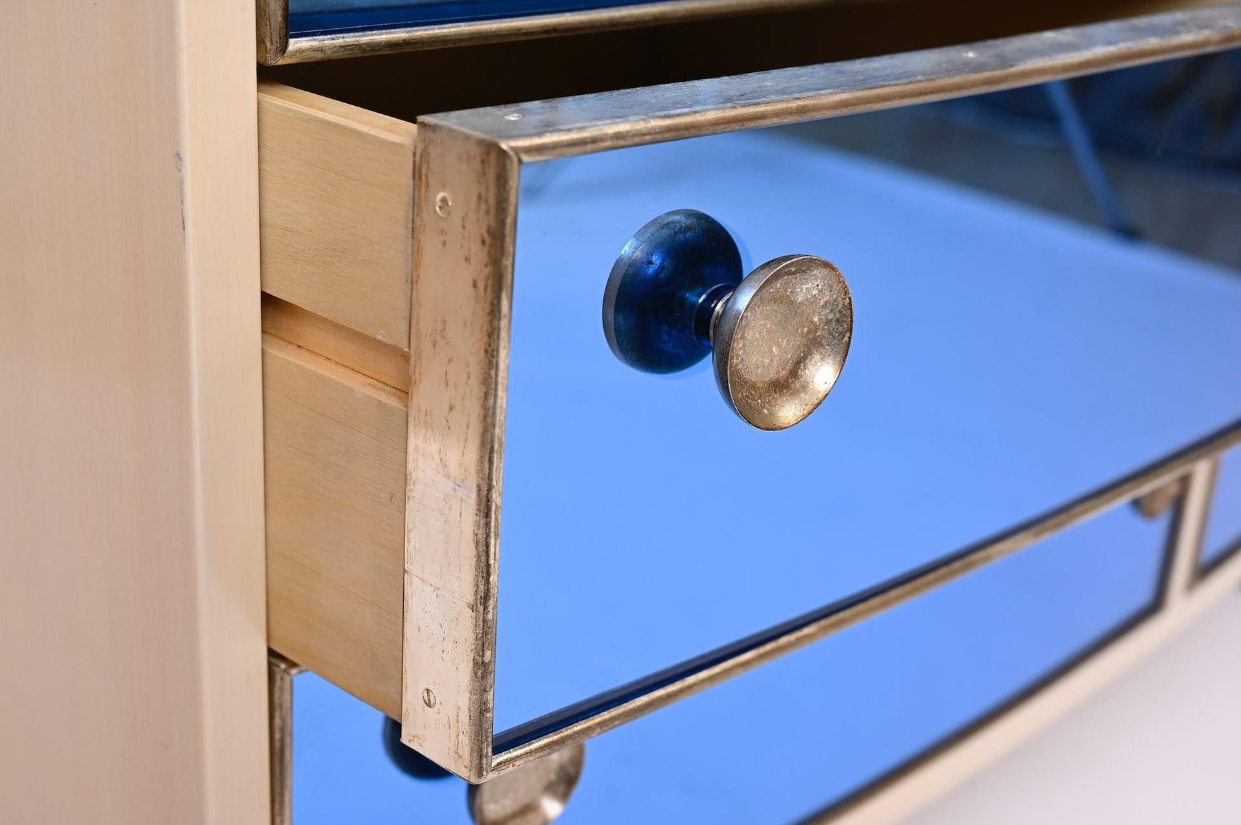 Curved Dresser with Blonde Wood and Blue Crystal Glass by Gio Ponti ...
