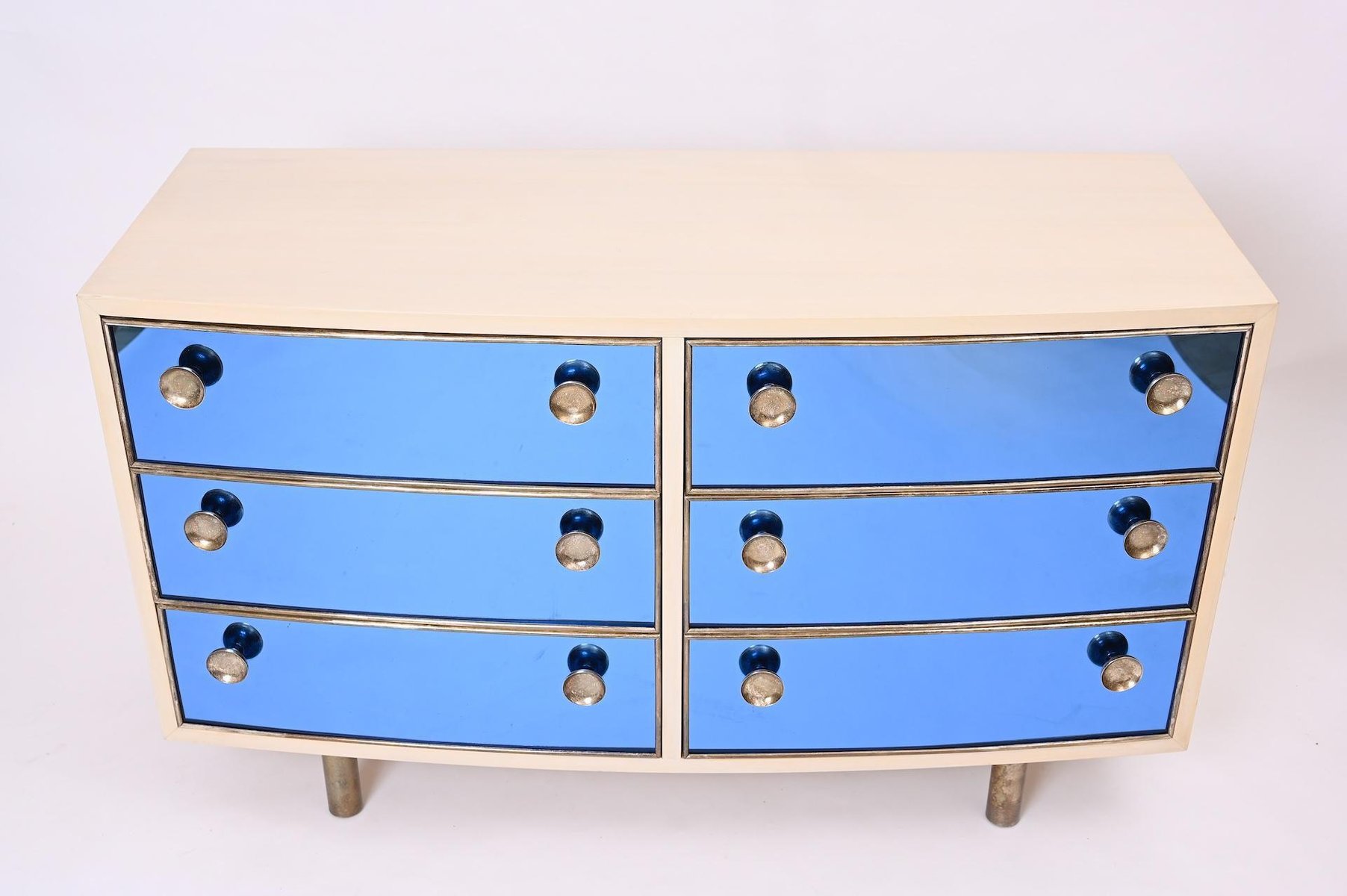 Curved Dresser with Blonde Wood and Blue Crystal Glass by Gio Ponti ...