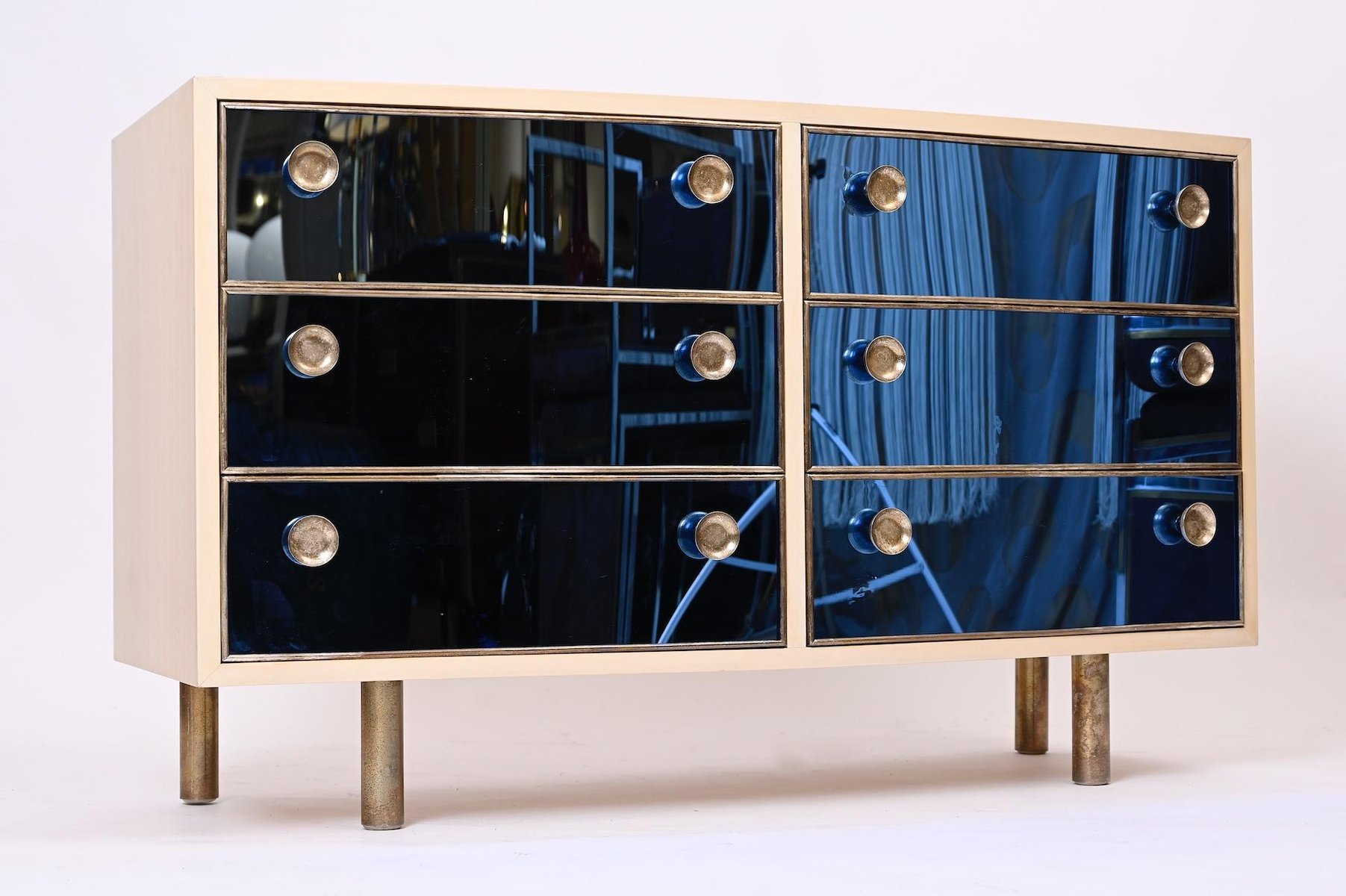 Curved Dresser with Blonde Wood and Blue Crystal Glass by Gio Ponti ...