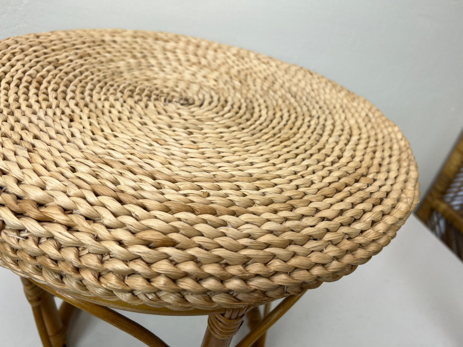 Bamboo Stool with Straw Pillow, 1970s for sale at Pamono