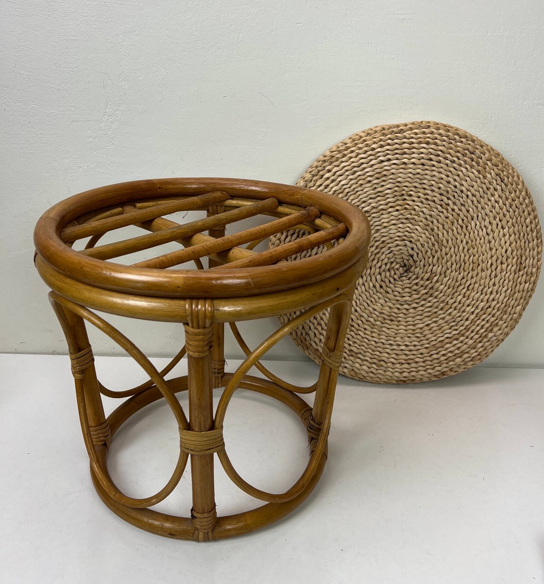Bamboo Stool with Straw Pillow, 1970s for sale at Pamono