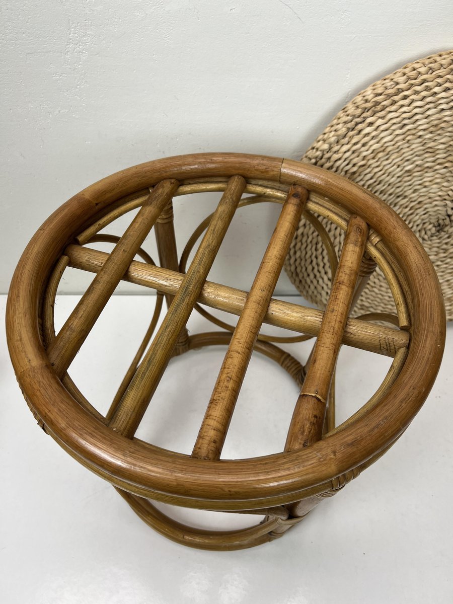 Bamboo Stool with Straw Pillow, 1970s for sale at Pamono