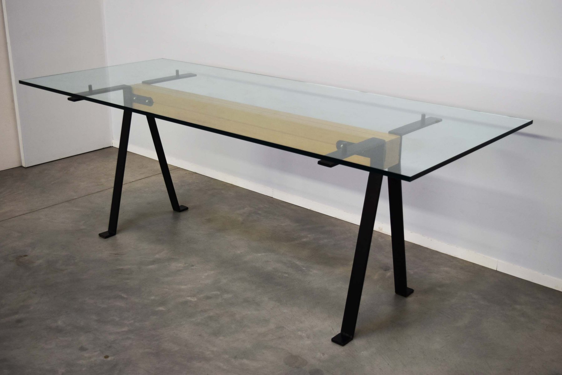 Trestle Dining Table with Glass Top, 1980s for sale at Pamono