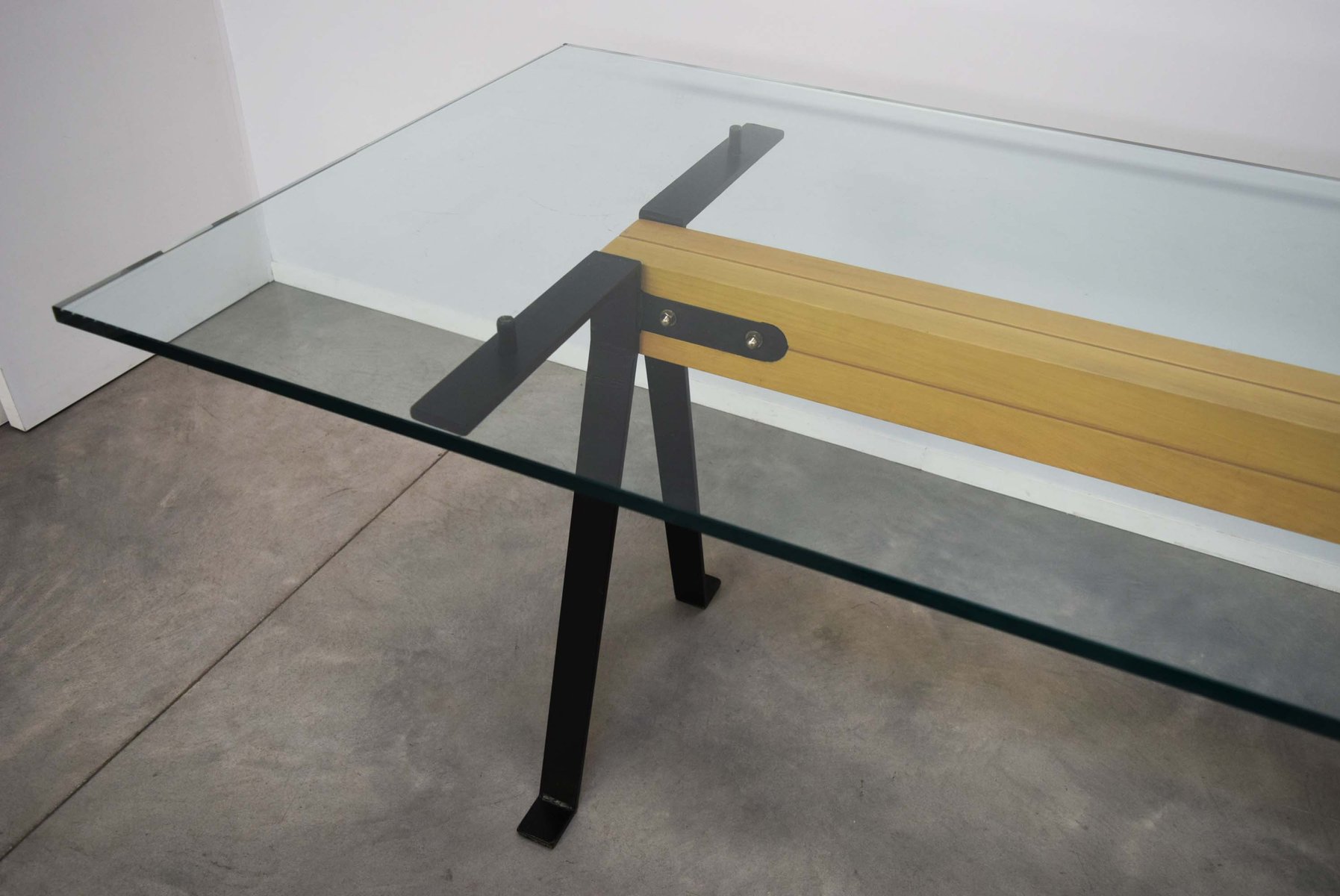 Trestle Dining Table with Glass Top, 1980s for sale at Pamono
