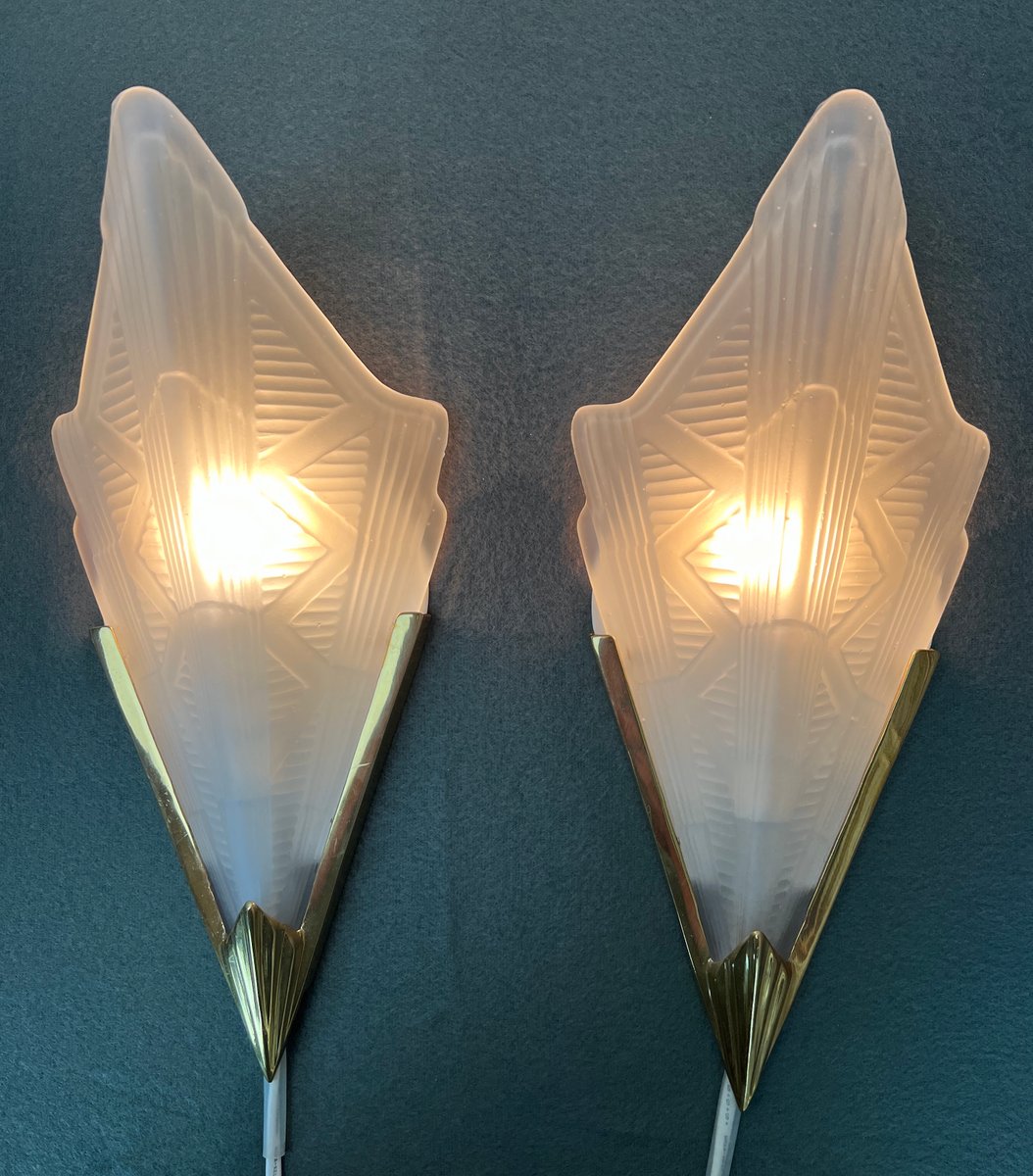 Art Deco Style Triangle Glass Brass Wall Lights Sconces, Sweden, 1980s ...