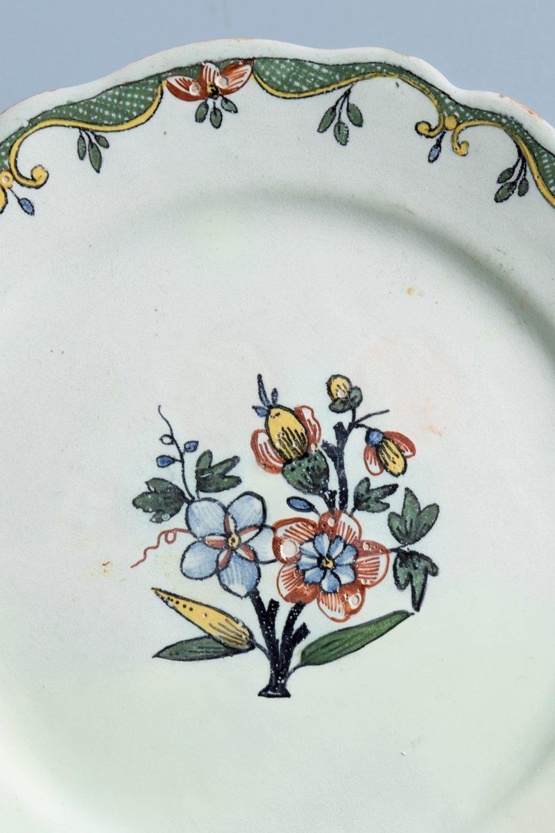 18th Century Plate with Flowers and Ornate Frieze from Rouen Faience ...