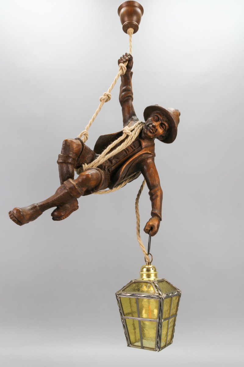 Large German Pendant Light Fixture with Carved Climber Figure and ...