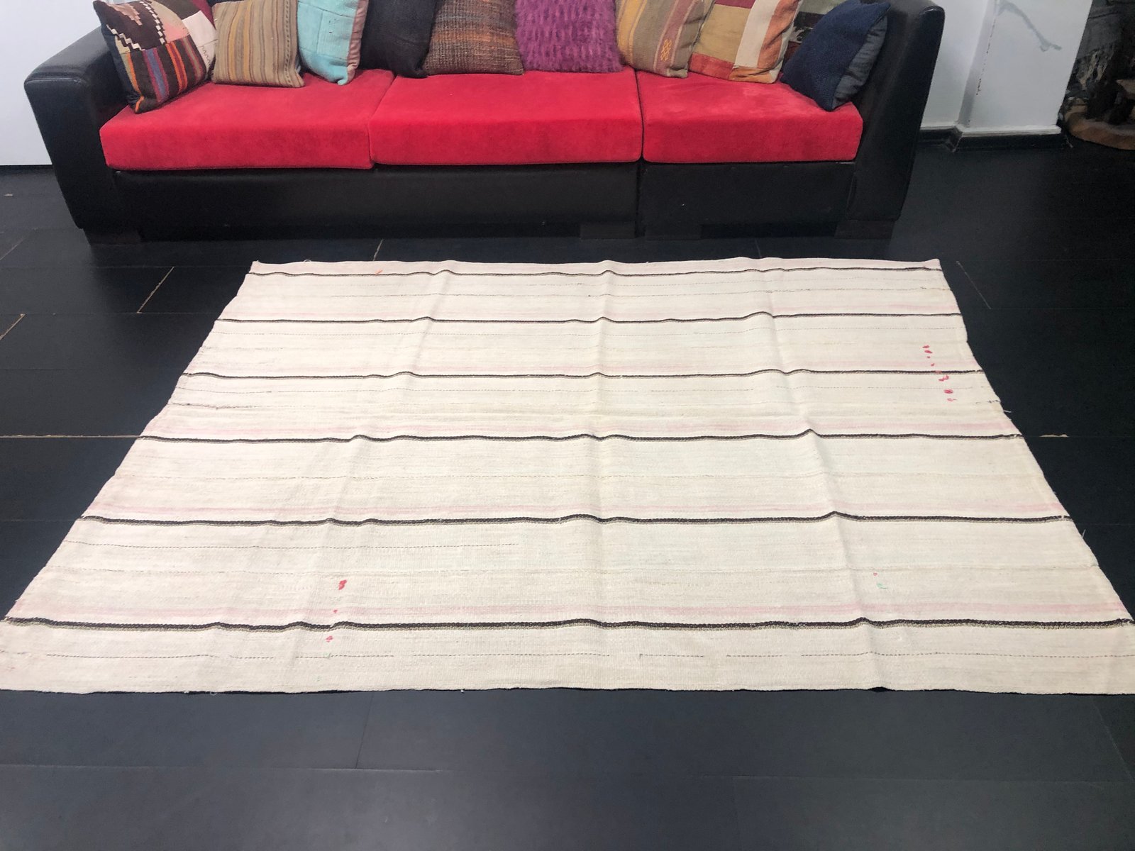 Striped Design White and Black Modern Hemp Kilim for sale at Pamono