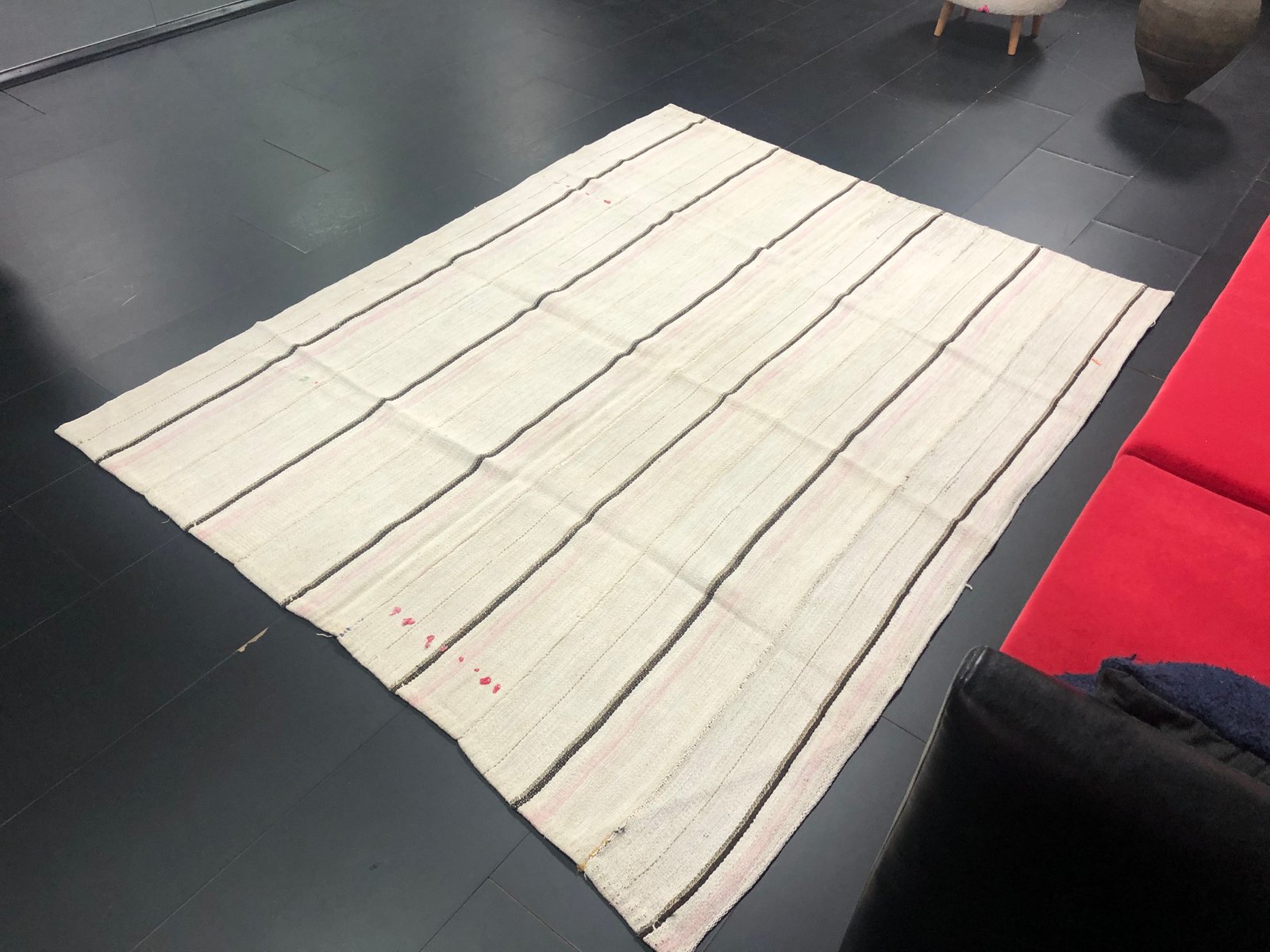 Striped Design White and Black Modern Hemp Kilim for sale at Pamono