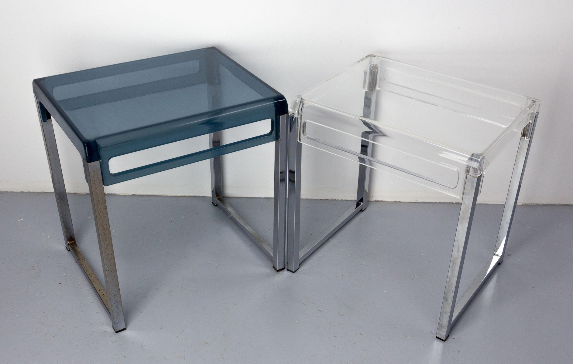 French Polycarbonate & Chrome Coffee Table or Nightstands, 1980s, Set ...
