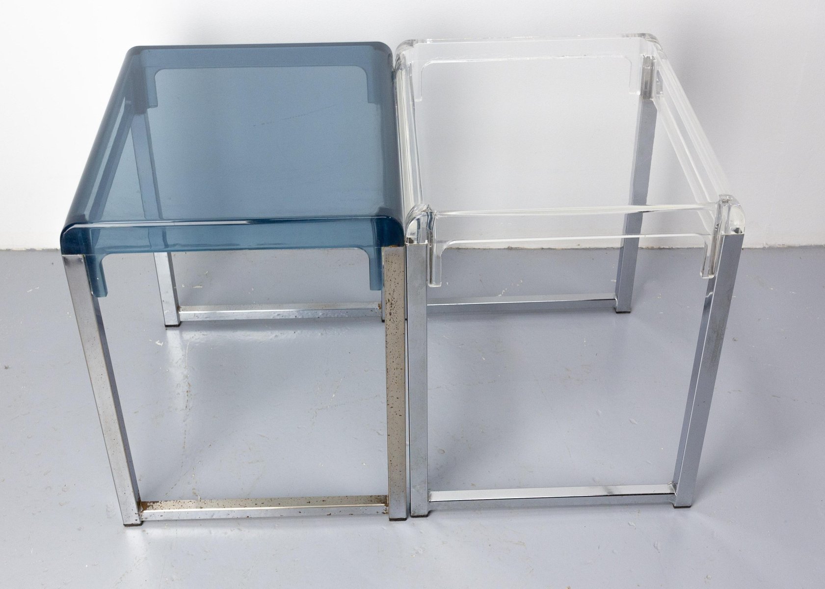 French Polycarbonate & Chrome Coffee Table or Nightstands, 1980s, Set ...