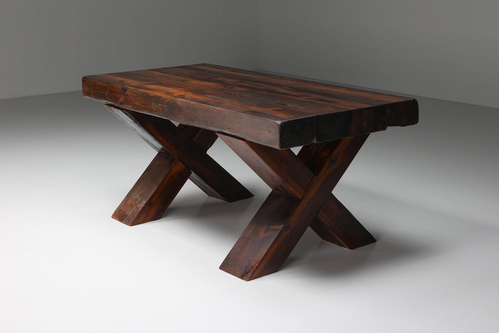 Brutalist Dark Wooden Rustic Dining Table with X-Legs, Italy, 1940s for ...
